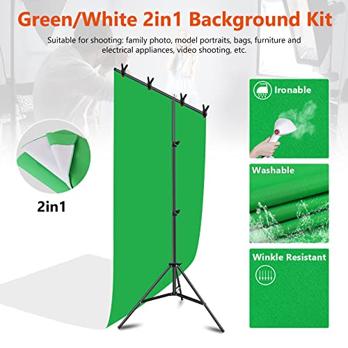 MSKIRA White Green Screen Backdrop with Stand 6.5x6.5ft Portable T-Shape Photo Backdrop Stand with 2-in-1 6x10ft Reversible White & Green Background Screen, 4 Spring Clamps, Sandbag, Carry Bag