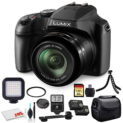 Panasonic Lumix DC-FZ80 Digital Camera (DC-FZ80K) - Bundle - with 64GB Memory Card + LED Video Light + DMW-BMB9 Battery + Digital Flash + Soft Bag + 12 Inch Flexible Tripod + Cleaning Set + More