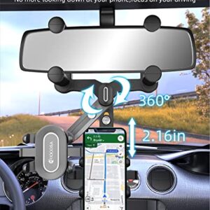 Phone Mount for Car【Large Rear Mirrors Friendly】 Rear View Mirror Phone Holder,【Upgraded 4 Clip More Stable】 360 Rotatable and Retractable Car Phone Holder Fit All Mobiles & Fits Bigger Vehicle