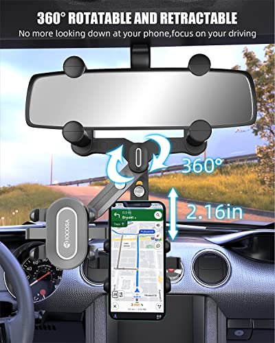 Phone Mount for Car【Large Rear Mirrors Friendly】 Rear View Mirror Phone Holder,【Upgraded 4 Clip More Stable】 360 Rotatable and Retractable Car Phone Holder Fit All Mobiles & Fits Bigger Vehicle