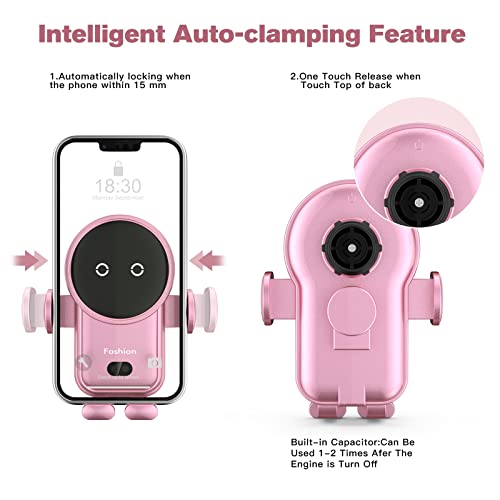 Wireless Car Charger, 15W Auto-Clamping Car Charger Mount, Air Vent Car Charging Holder for iPhone 14/14 Pro/13/13 Pro /12/12 Pro/ 11/11 Pro/Xr/Xs/X/8, Samsung S22/ S21/S20 (Pink)