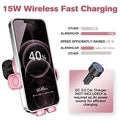 Wireless Car Charger, 15W Auto-Clamping Car Charger Mount, Air Vent Car Charging Holder for iPhone 14/14 Pro/13/13 Pro /12/12 Pro/ 11/11 Pro/Xr/Xs/X/8, Samsung S22/ S21/S20 (Pink)