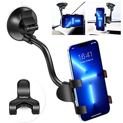 ivoler Car Phone Mount Windshield, Long Arm Clamp Universal Windshield with Double Clip Strong Suction Cup Cell Phone Holder Compatible with iPhone 13 12 11 Pro XS Max 7 8 6 Plus for Galaxy S22 Ultra