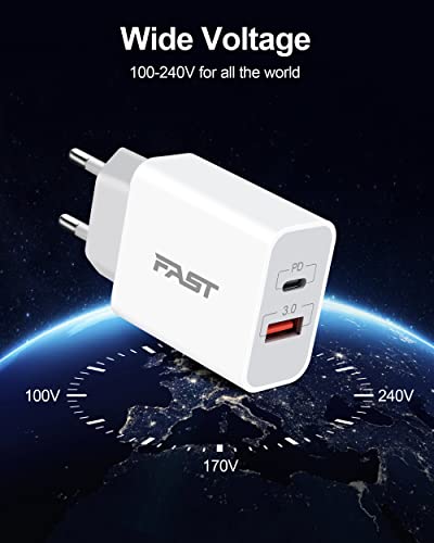 European Travel Plug Adapter, GLUGRU 2-Pack 20W Dual Port USB C Wall Charger Type C Fast Charging Block International Power Adapter US to Europe EU for iPhone 13 12 11 Pro Max XS XR X 8, Pad, Samsung