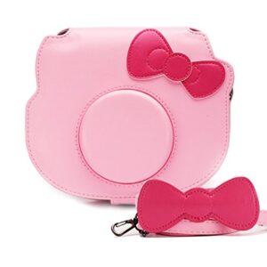 hellohelio mini hello kitty instant camera case for fujifilm instax cameras, [exact-fit] pink kitty bowknot bag for ins mini kit cheki camera (2014-2019) – pink