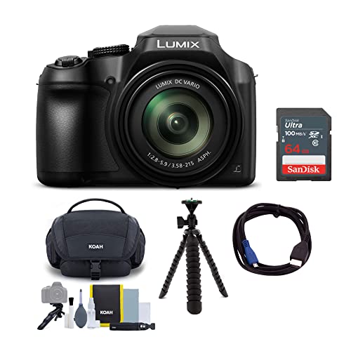 Panasonic LUMIX FZ80 4K Long Zoom Camera (18.1 Megapixels, 60X 20-1200mm Lens) Bundle with 64GB Memory Card, Camera System Gadget Bag with Accessory and Cleaning Kit, Tripod, and Cable (5 Items)