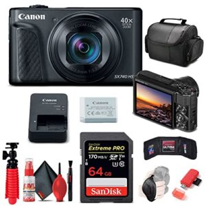 canon powershot sx740 hs digital camera (black) (2955c001) + 64gb memory card + card reader + deluxe soft bag + flex tripod + hand strap + memory wallet + cleaning kit (renewed)