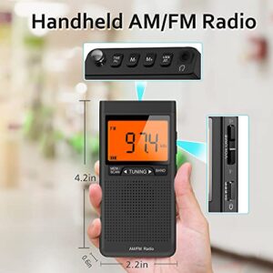 AM FM Portable Radio Personal Radio with Excellent Reception Battery Operated by 2 AAA Batteries with Stero Earphone, Large LCD Screen, Digtail Alarm Clock Radio