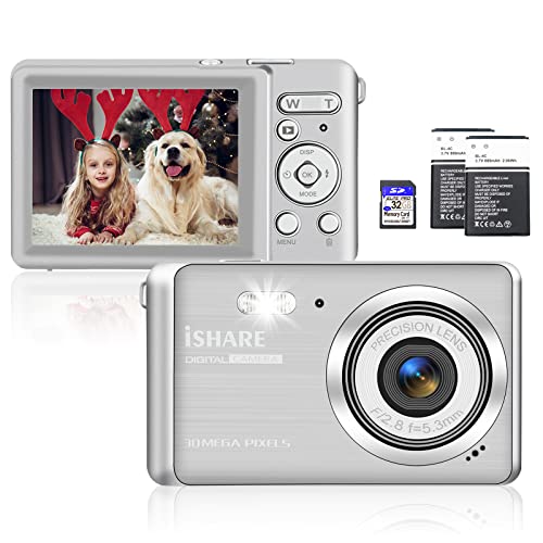 Digital Camera, Rechargeable 30MP Point and Shoot Camera with 32GB SD Card 18X Digital Zoom, Compact Camera for Kids Teens Aldults Elders (Silver)