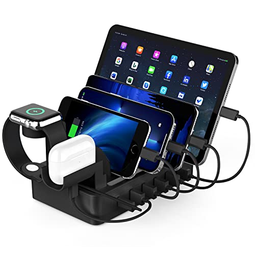 OTESS Charging Station for Multiple Devices，6 Ports USB C Charging Station with Phone and Watch Charging Stand, Charging Dock for iPhone iPad iWatch AirPods Samsung Apple Products