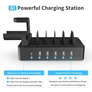 OTESS Charging Station for Multiple Devices，6 Ports USB C Charging Station with Phone and Watch Charging Stand, Charging Dock for iPhone iPad iWatch AirPods Samsung Apple Products