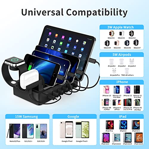 OTESS Charging Station for Multiple Devices，6 Ports USB C Charging Station with Phone and Watch Charging Stand, Charging Dock for iPhone iPad iWatch AirPods Samsung Apple Products