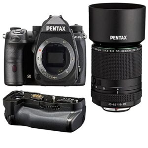 pentax k-3 mark iii aps-c-format dslr camera black with hd da 55-300mm f/4.5-6.3 ed plm wr re telephoto zoom lens d-bg8 battery grip black