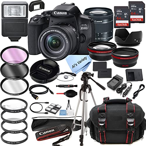 Canon EOS 850D (Rebel T8i) DSLR Camera w/EF-S 18-55mm F/4-5.6 STM Zoom Lens + 128GB Memory + Case + Tripod + Filters (36pc Bundle)