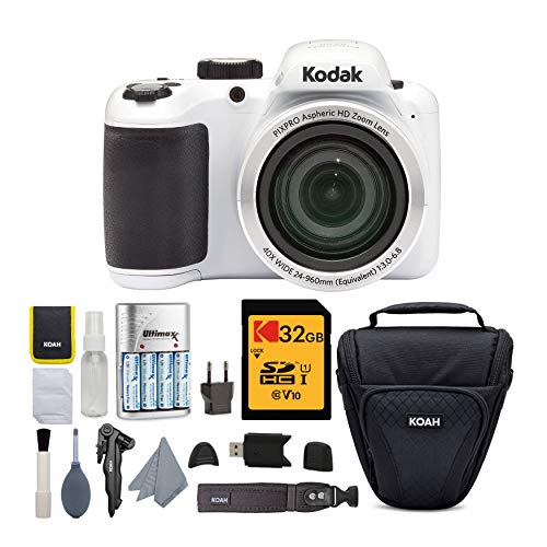 Kodak PIXPRO AZ401 40x Astro Zoom Digital Camera (White) Bundle with Holster Case, Rechargeable Batteries, Memory Card, and Digital Reader USB (5 Items)