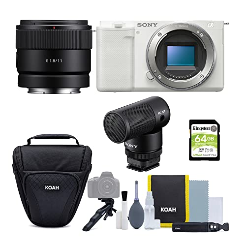 Sony Alpha ZV-E10 APS-C Interchangeable Lens Mirrorless Vlog Camera (White) with Sony E 11mm F1.8 APS-C Ultra Wide Angle Prime Lens and Bundle Content Creator Kit (5 Items)