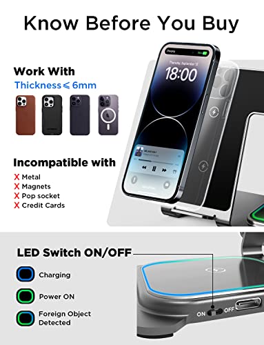 Venere Wireless Charging Station for Apple Devices, Aluminum Alloy 3 in 1 Phone and Watch Charging Station 15W Fast for iPhone14/13/12/11/X/SE/8/Apple Watch/AirPods Pro with 5ft Cable & 20W Adapter