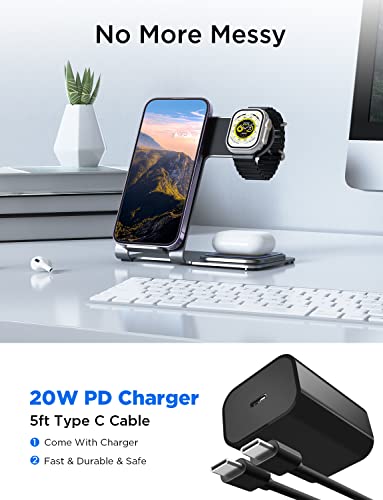 Venere Wireless Charging Station for Apple Devices, Aluminum Alloy 3 in 1 Phone and Watch Charging Station 15W Fast for iPhone14/13/12/11/X/SE/8/Apple Watch/AirPods Pro with 5ft Cable & 20W Adapter