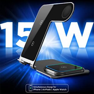 Venere Wireless Charging Station for Apple Devices, Aluminum Alloy 3 in 1 Phone and Watch Charging Station 15W Fast for iPhone14/13/12/11/X/SE/8/Apple Watch/AirPods Pro with 5ft Cable & 20W Adapter