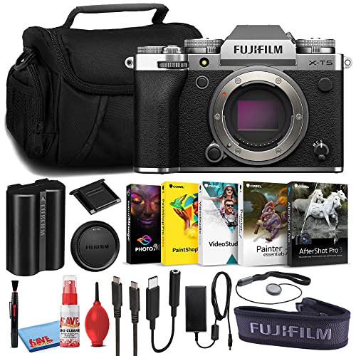 Fujifilm X-T5 Mirrorless Digital Camera (Body Only) (Silver, 16782337) Bundle with Corel Photo Editing Software + Large Camera Bag + Lens Cap Keeper + Deluxe Camera Cleaning Kit + More