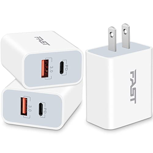 Power-7 USB C Wall Charger, 3-Pack 20W 2Port Fast USBC Charger Block Plug PD Power Adapter Type C Charging Box Brick Cube for iPhone 14 13 12 Pro Max Mini 11 SE XS XR X, Pad, Samsung, Tablet, Android