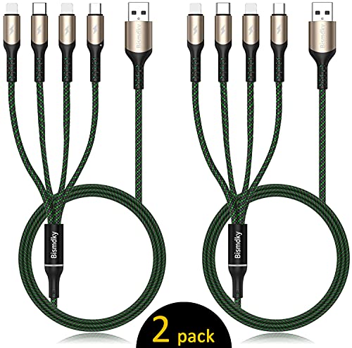 Bismdky Multi Charging Cable, 2Pack 4FT Nylon Braided Universal 4 in 1 Multiple USB Cable 3A Charging ，with Dual Phone/USB-C/Micro-USB Port Adapter Connectors for Cell Phones Tablets and More