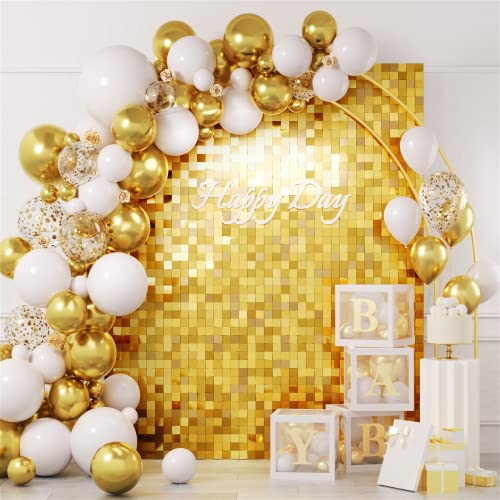 Gold Shimmer Wall Backdrop,24 Pcs Square Sequin Wall Panels Birthday Wedding Backdrop Bachelorette Party Decoration, Wall Decor for Christmas Photo Backdrops Anniversary Engagement Graduation