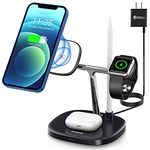 ZUBARR 4 in 1 Fast Wireless Charger, Magnetic Wireless Charging Station Compatible with iPhone 14/13/12 Series, iWatch SE/6/5/4/3/2, Airpods 2/Pro and Pencil 1nd with QC 3.0 Adapter