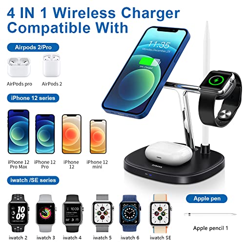 ZUBARR 4 in 1 Fast Wireless Charger, Magnetic Wireless Charging Station Compatible with iPhone 14/13/12 Series, iWatch SE/6/5/4/3/2, Airpods 2/Pro and Pencil 1nd with QC 3.0 Adapter