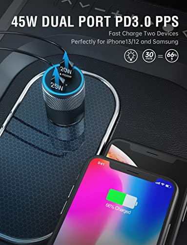 USB C Car Charger, EHO 45W (25W+20W) Dual Port PD 3.0 Dual Type C Fast Car Charger Adapter PPS Super Fast Charger Compatible with iPhone 13 Pro Max/12 Pro Max, Galaxy S22/S21/S20, iPad Air/Pro, Black