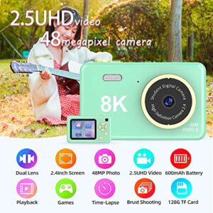 Kids Digital Camera, FHD 1080P Digital Camera for Kids with 32GB SD Card 8X Zoom Compact Point and Shoot Digital Camera, Portable Mini Kids Camera for Teens Students Boys Girls Tweens - Green