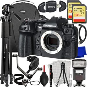 ultimaxx advanced om system om-1 mirrorless camera bundle (body only) – includes: 2x 128gb extreme sdxc’s, v-shaped bracket, universal speedlite, lightweight 60” tripod & much more (25pc bundle)