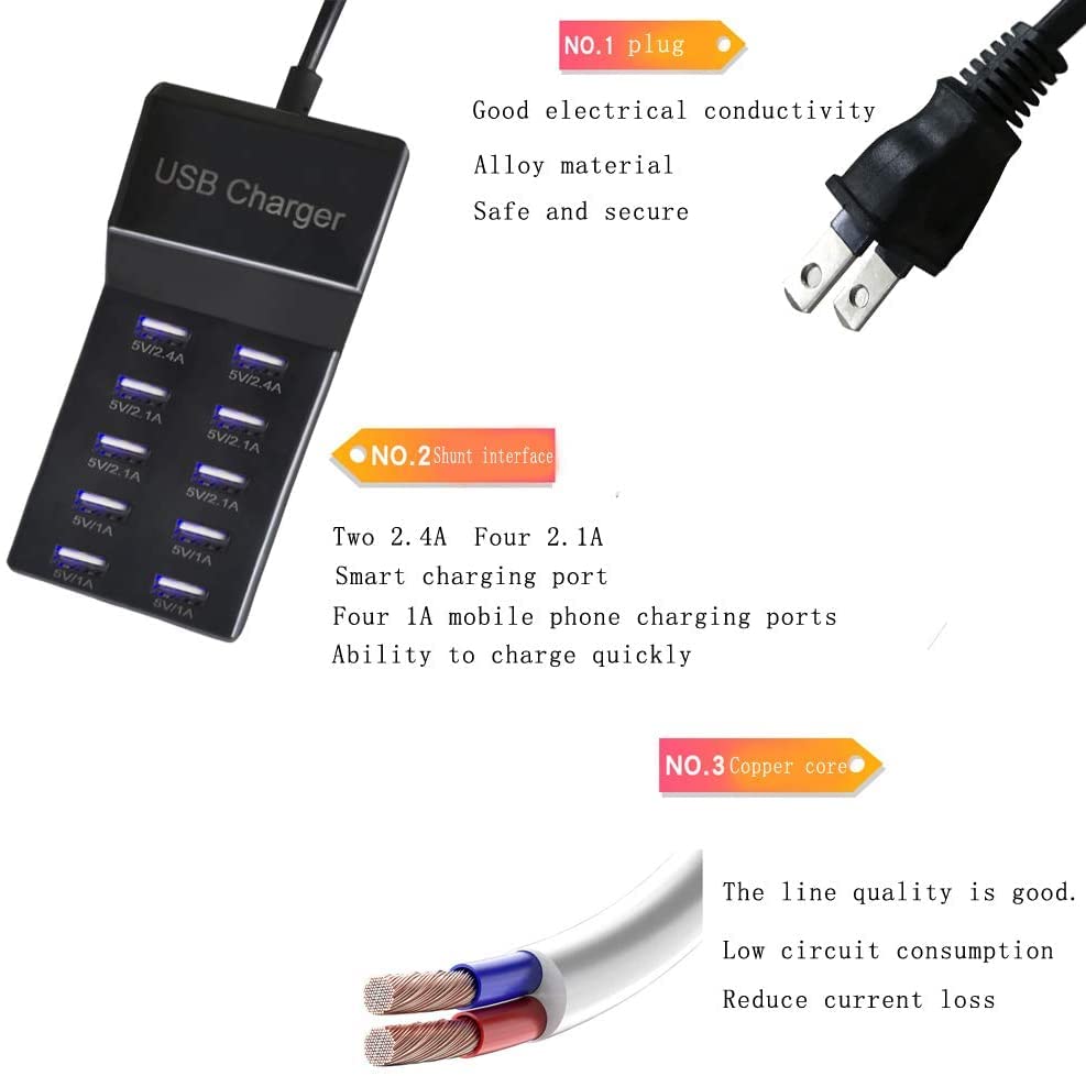 USB Charging Station10-Port USB Charger,Multiport USB Charger Station Hub, Compatible with iPhone, Galaxy, iPad Tablet, and Other USB Charging Devices1