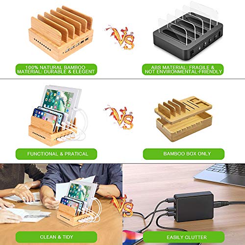 OthoKing Bamboo Charging Station, Wood Charging Station for Multiple Devices with 5 Ports USB Charger Docking Station for iPhone, iPad,Tablet, and Android Cell Phone