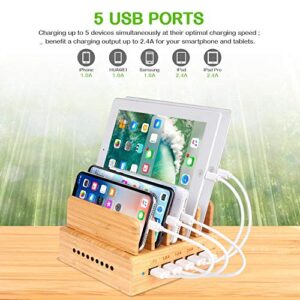 OthoKing Bamboo Charging Station, Wood Charging Station for Multiple Devices with 5 Ports USB Charger Docking Station for iPhone, iPad,Tablet, and Android Cell Phone