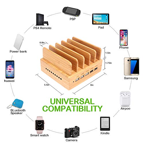 OthoKing Bamboo Charging Station, Wood Charging Station for Multiple Devices with 5 Ports USB Charger Docking Station for iPhone, iPad,Tablet, and Android Cell Phone