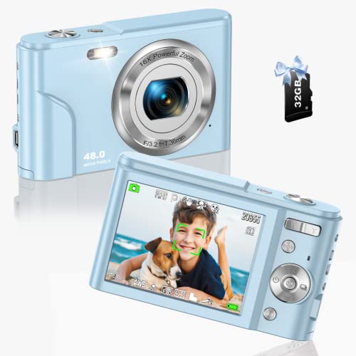 Digital Camera, 1080P 48MP Autofocus Kids Video Digital Camera with 32GB SD Card 16X Digital Zoom, Compact Point and Shoot Vlogging Mini Camera for Teens Children Boys Girls Students