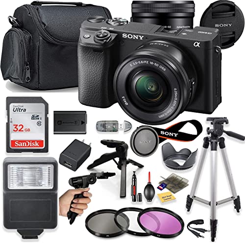 Sony a6400 Mirrorless Camera (Black) with 16-50mm OSS + Deluxe Bundle Including Sandisk 32GB Card, Case, Flash, Grip Tripod, 50" Tripod, and More