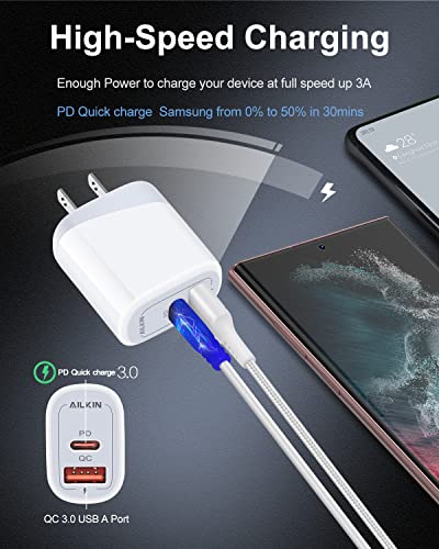 USB C Charger Block 3Pack, AILKIN 20W PD+QC 3.0 Dual Port Power Adapter, Type C Wall Charger Station Travel Box for iPhone 14 Plus 13 Pro Max 12 11 XS XR SE, iPad Mini, AirPods, Apple Watch, USBC Plug