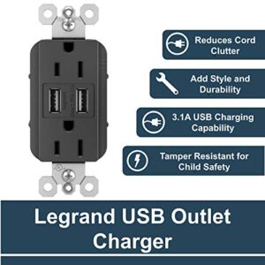 Legrand radiant 15 Amp Decorator Wall Outlet with 3.1 Amp USB Charger, BlackTM826USBBKCCV4