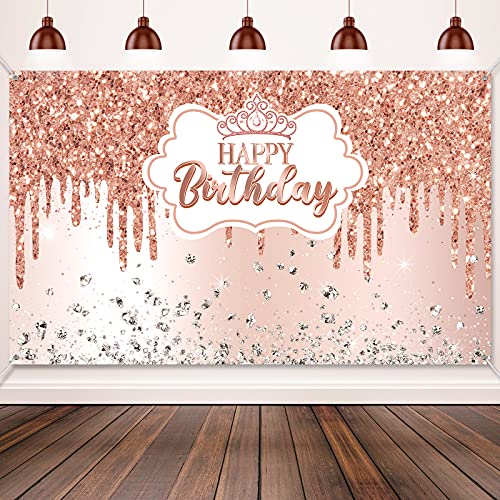 Rose Gold Happy Birthday Backdrop for Girls Women Rose Gold Happy Birthday Banner Glitter Diamond Birthday Backdrop Sweet Princess Birthday Photography Background