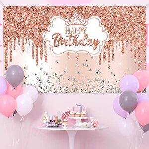 Rose Gold Happy Birthday Backdrop for Girls Women Rose Gold Happy Birthday Banner Glitter Diamond Birthday Backdrop Sweet Princess Birthday Photography Background