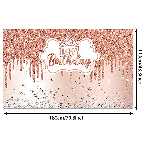 Rose Gold Happy Birthday Backdrop for Girls Women Rose Gold Happy Birthday Banner Glitter Diamond Birthday Backdrop Sweet Princess Birthday Photography Background