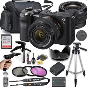 sony a7c mirrorless camera fe 28-60mm f/4-5.6 lens (black) bundle with accessories (64gb high speed memory card, 50″ tripod, gadget bag, cleaning kit)