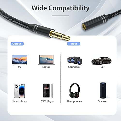 Jeselry 3.5mm Headphone Extension Cable (4Ft/1.2M), 4 Pole Hi-Fi Sound Audio Cable, Nylon Braided Male to Female AUX Cord, Auxiliary Stereo Extender for All 3.5 mm Enabled Devices (2 Pack - Black)