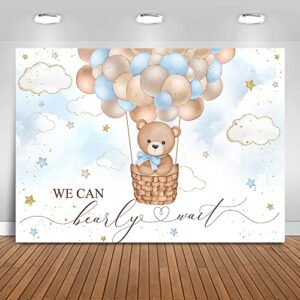 mocsicka blue bear hot air balloon backdrop boy bear balloons baby shower background we can bearly wait baby shower party cake table decoration photo booth props (7x5ft)