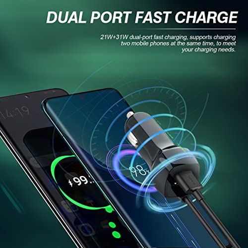 iPhone Car Charger, 3A Super Fast Cigarette Lighter Plug in Adapter with Extra USB Port, Cell Phone Charger with Built-in 4.9ft Coiled Cable, Vehicle Fast Charging for iPhone and More