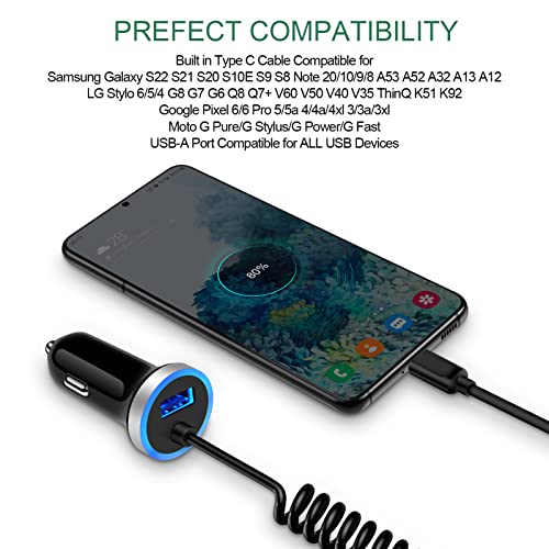 Fast USB C Car Charger, 3.4A Car Charging Adapter with 3ft Type C Coiled Cable for Samsung Galaxy A14 A13 5G A53 S23 S22 S21 S20 S10 S9 S8 A23 A04s A52 A21 A11 Z Fold 4 Z Flip 4, Pixel 7 Pro 6a 5 4XL