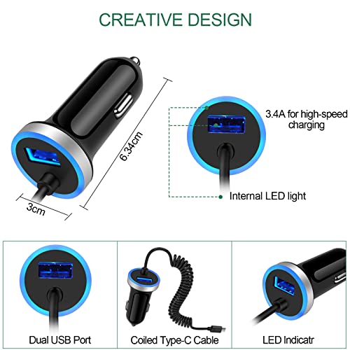 Fast USB C Car Charger, 3.4A Car Charging Adapter with 3ft Type C Coiled Cable for Samsung Galaxy A14 A13 5G A53 S23 S22 S21 S20 S10 S9 S8 A23 A04s A52 A21 A11 Z Fold 4 Z Flip 4, Pixel 7 Pro 6a 5 4XL