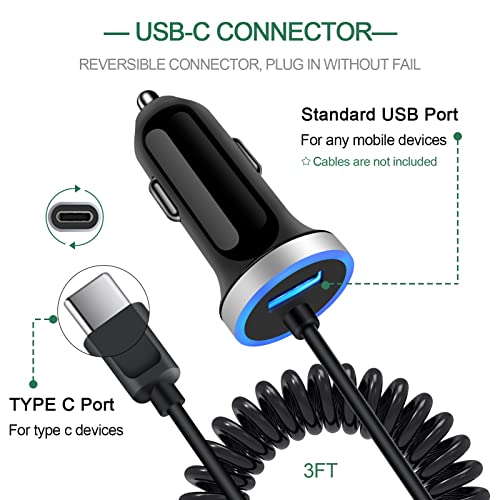 Fast USB C Car Charger, 3.4A Car Charging Adapter with 3ft Type C Coiled Cable for Samsung Galaxy A14 A13 5G A53 S23 S22 S21 S20 S10 S9 S8 A23 A04s A52 A21 A11 Z Fold 4 Z Flip 4, Pixel 7 Pro 6a 5 4XL